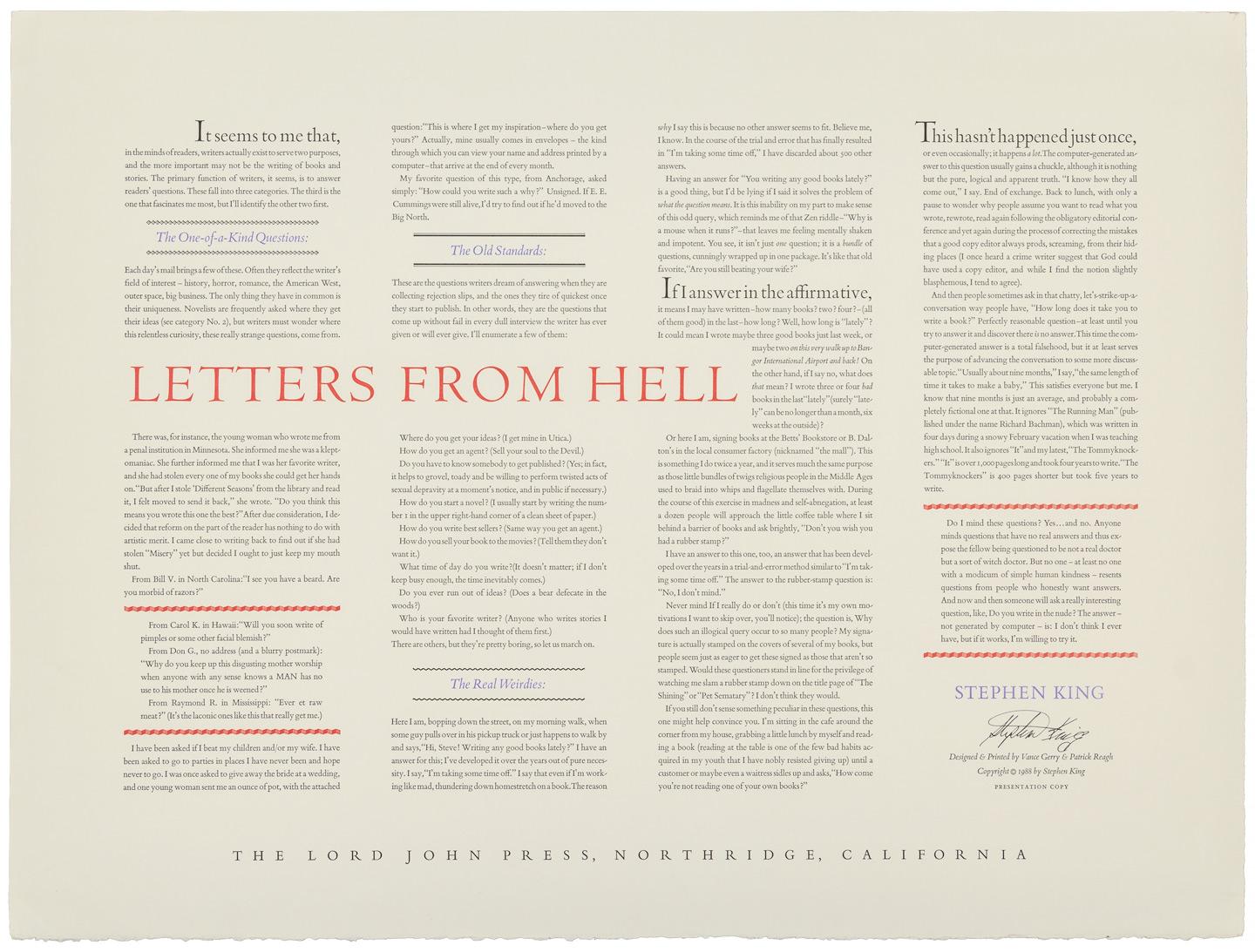 Letters From Hell Broadside By Stephen King – THE FIRE WIRE